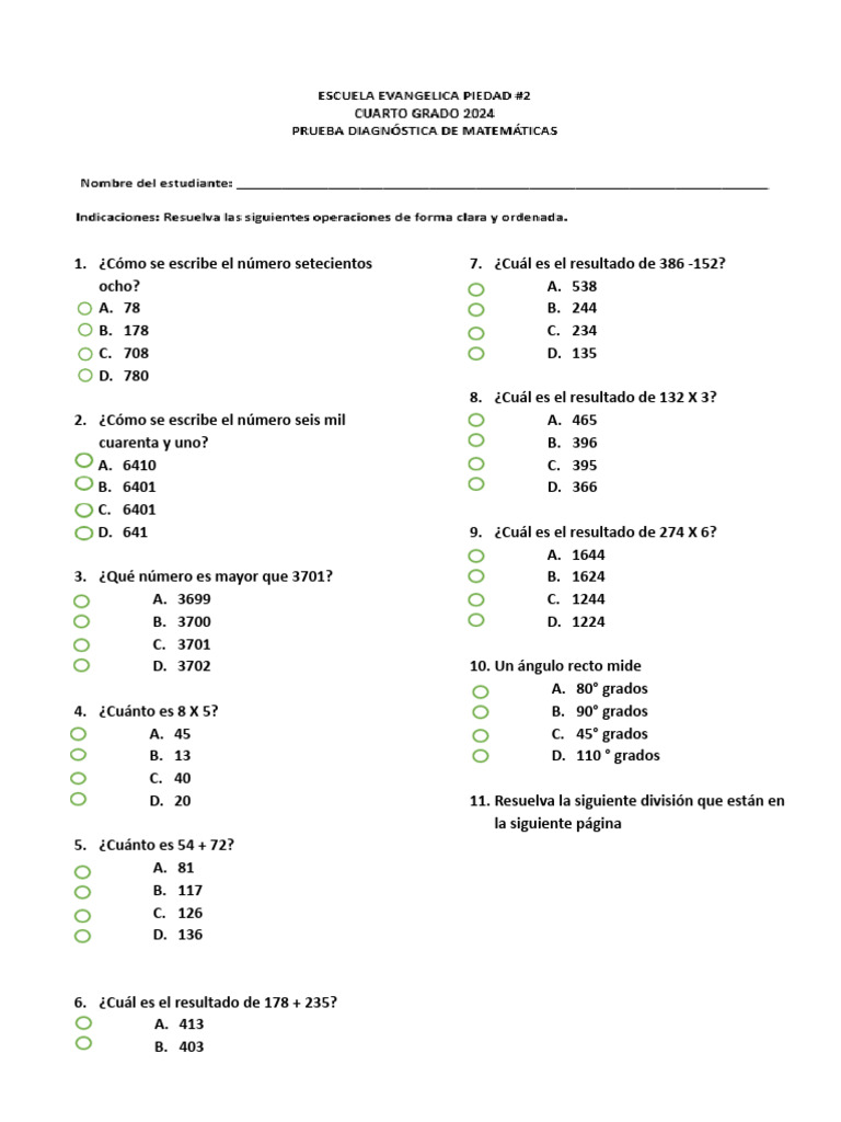 Prueba Diagnostica Matematicas | PDF
