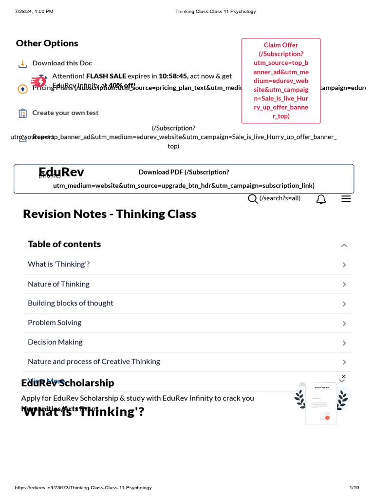 Thinking Class Class 11 Psychology | PDF | Thought | Concept