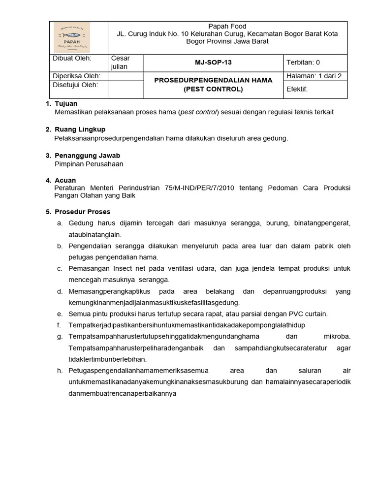 SOP-13-Prosedur Pengendalian Hama (Pest Control) | PDF