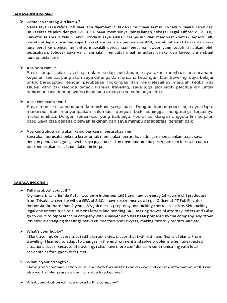 Contoh Pertanyaan Interview Indonesia & English Version | PDF | Karier ...