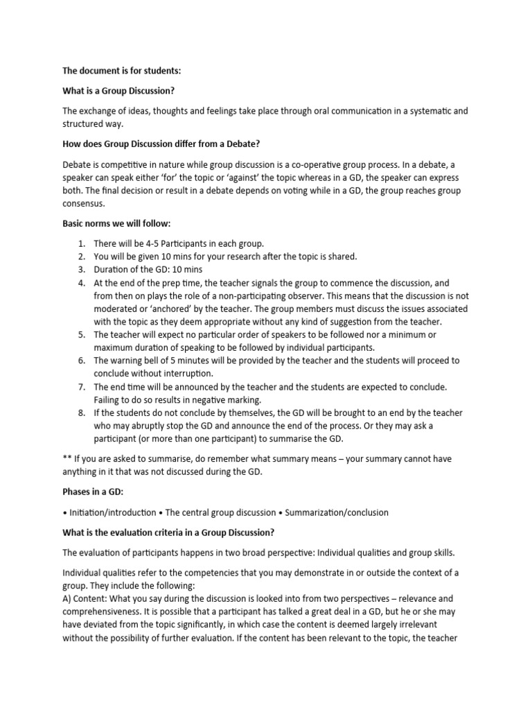 Group Discussion Handout | PDF | Evaluation | Body Language