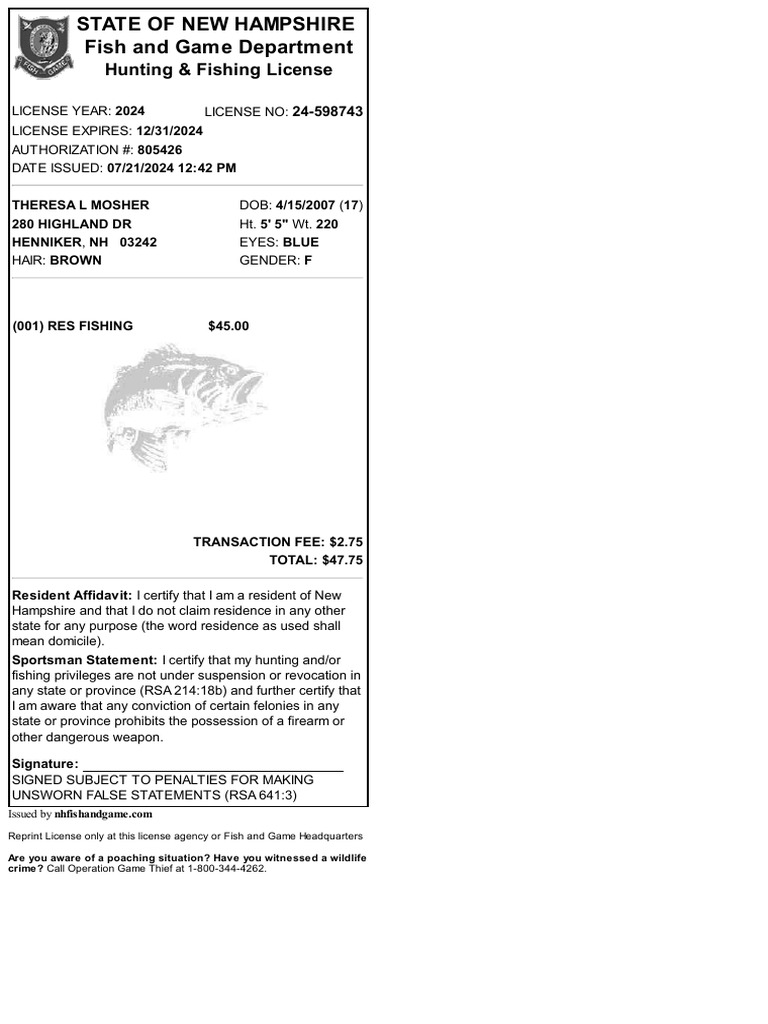 Hunting & Fishing License: Theresa L Mosher 280 Highland DR Henniker ...