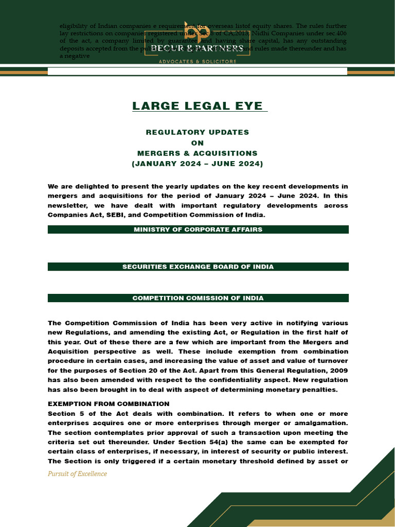 Newsletter - Regulatory Updates - M&A (Competition Commission of India ...