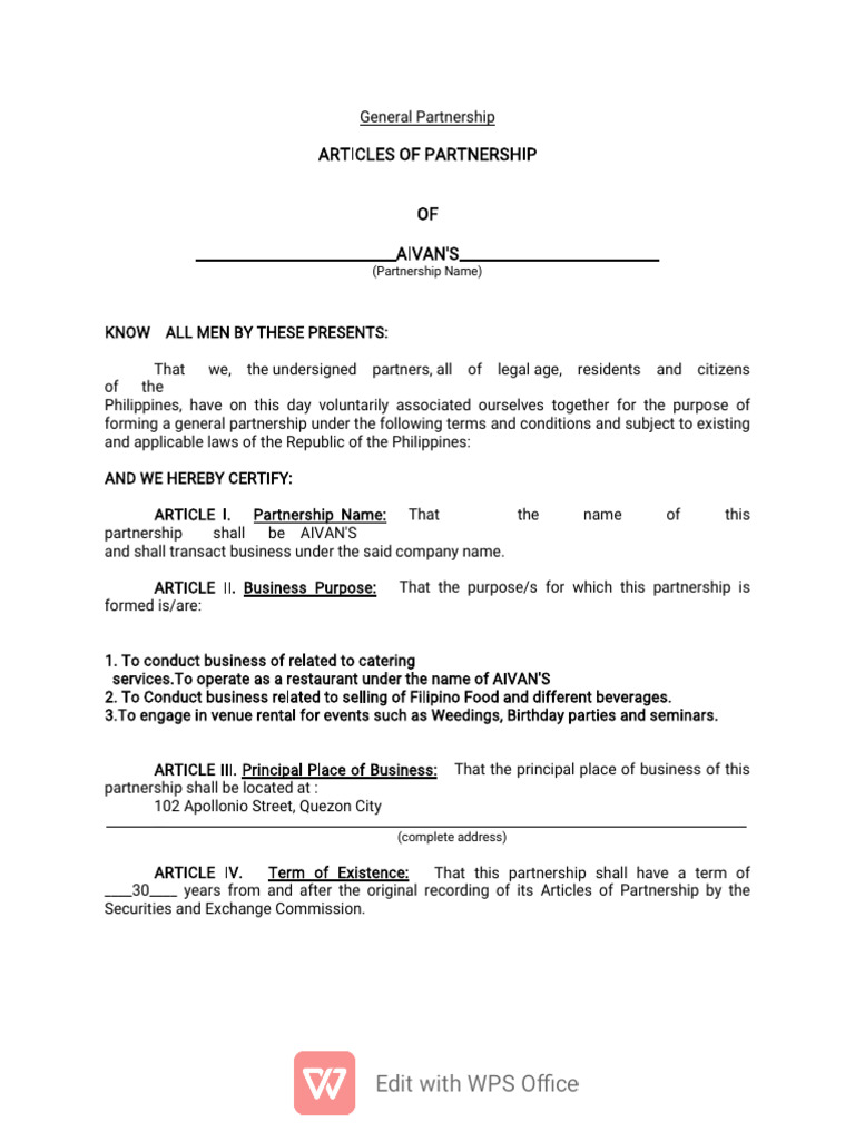 Articles of Partnership For General Partnerships | PDF | Government | Justice
