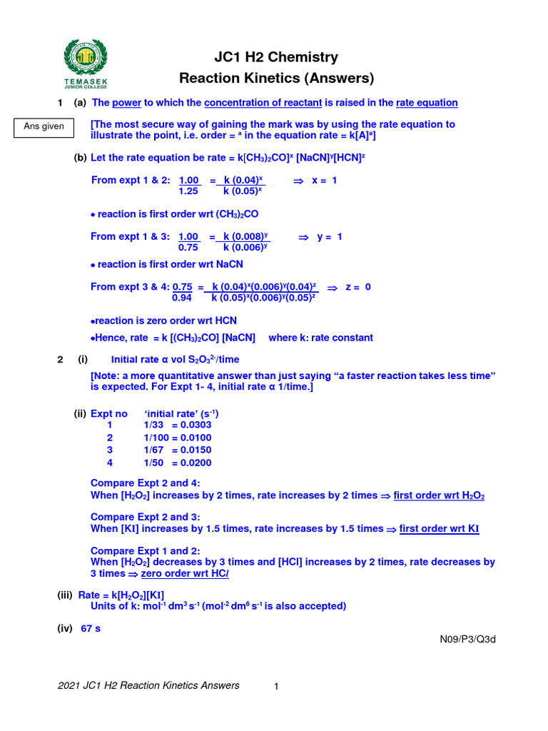 2021 H2 Reaction Kinetics Tutorial Student Answer | PDF | Reaction Rate ...
