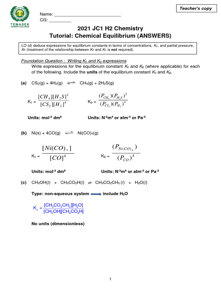 2021 H2 Chem Eqm Tutorial (Matrix) | PDF | Chemical Equilibrium | Chemical Reactions