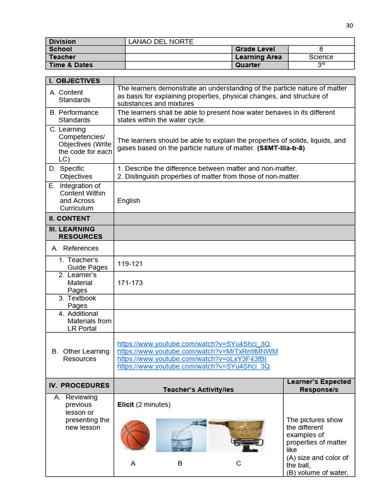 3rd quarter Science DLP Week 2 DAY 1 | PDF | Matter | Mass