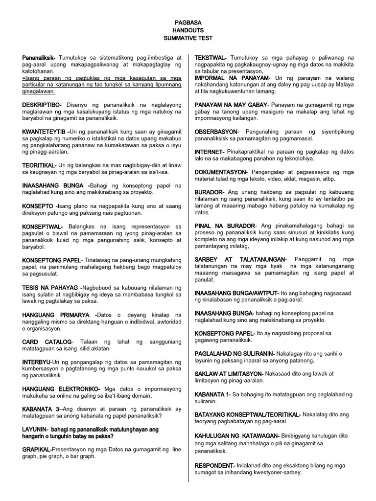 PAGBASA ENDTERM finalHANDOUTS2024 | PDF