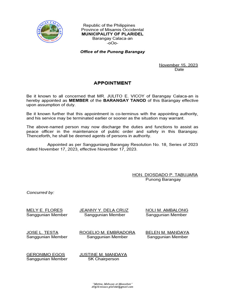 Barangay Tanod Appointment Notice | PDF