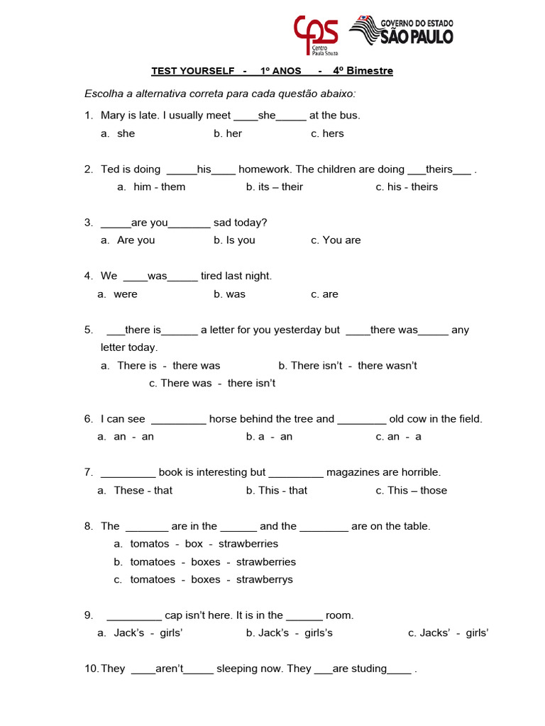 English Grammar Quiz for 1st Year Students | PDF