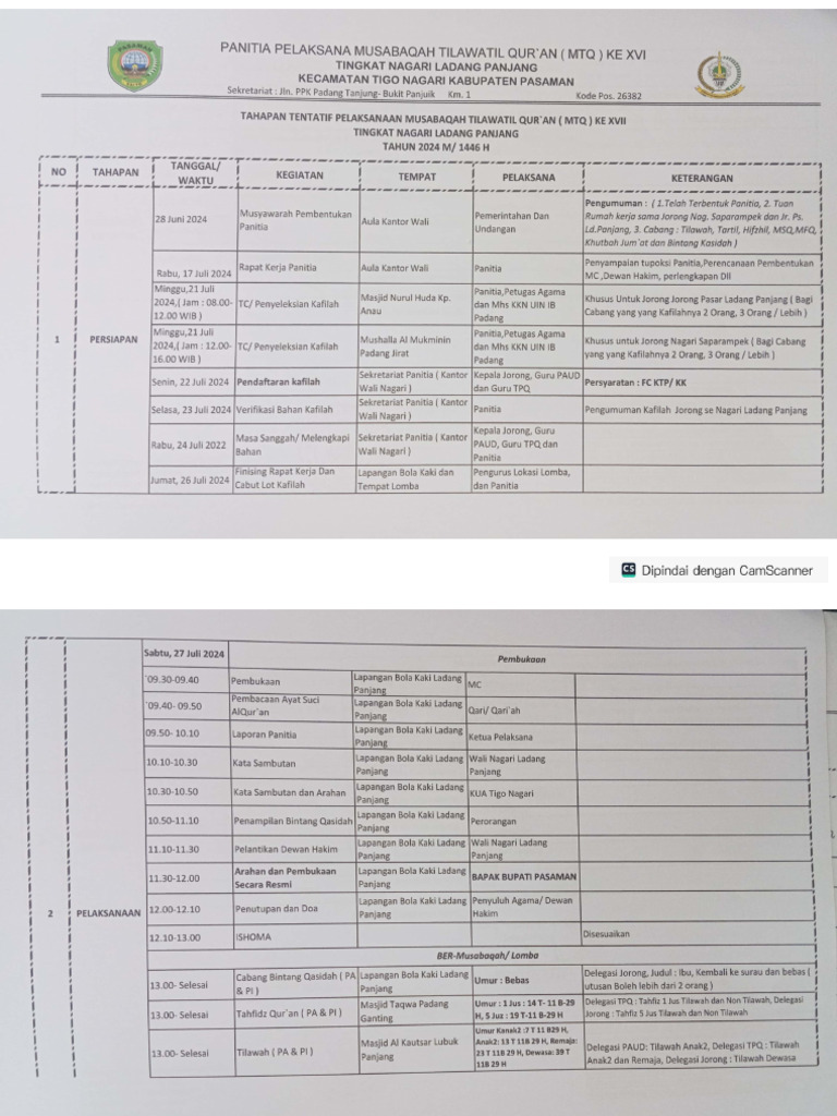 Tahapan Tentatif Dan Pedum MTQ Ke 17 NLP 2024 | PDF
