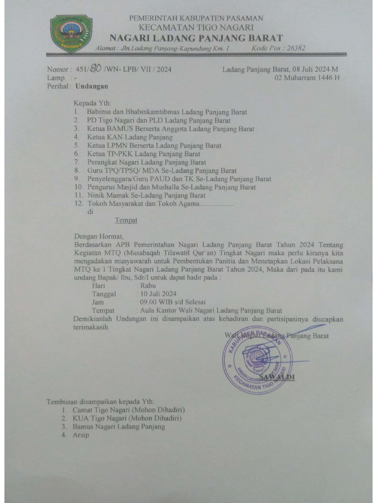 Undangan Pembentukan Panitia MTQ Ke I | PDF