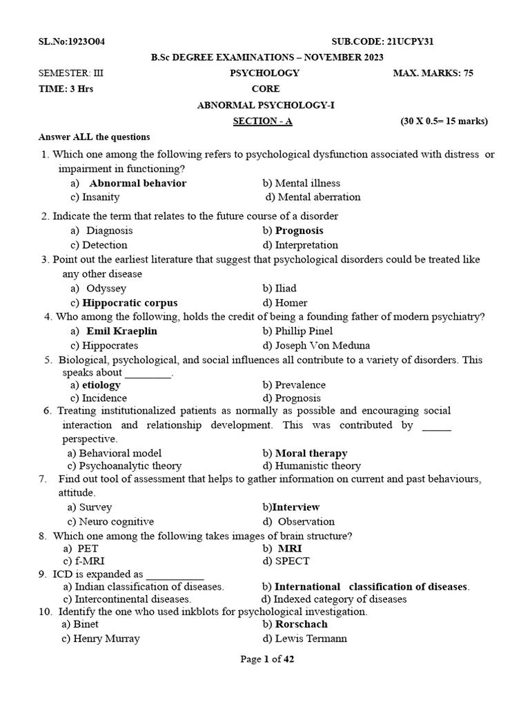 Abnormal Psy Answer Key | PDF | Mania | Mental Disorder