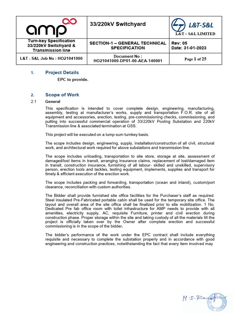 SEC-1 - General Technical Specification PSS | PDF | Electrical Substation | Electric Power ...