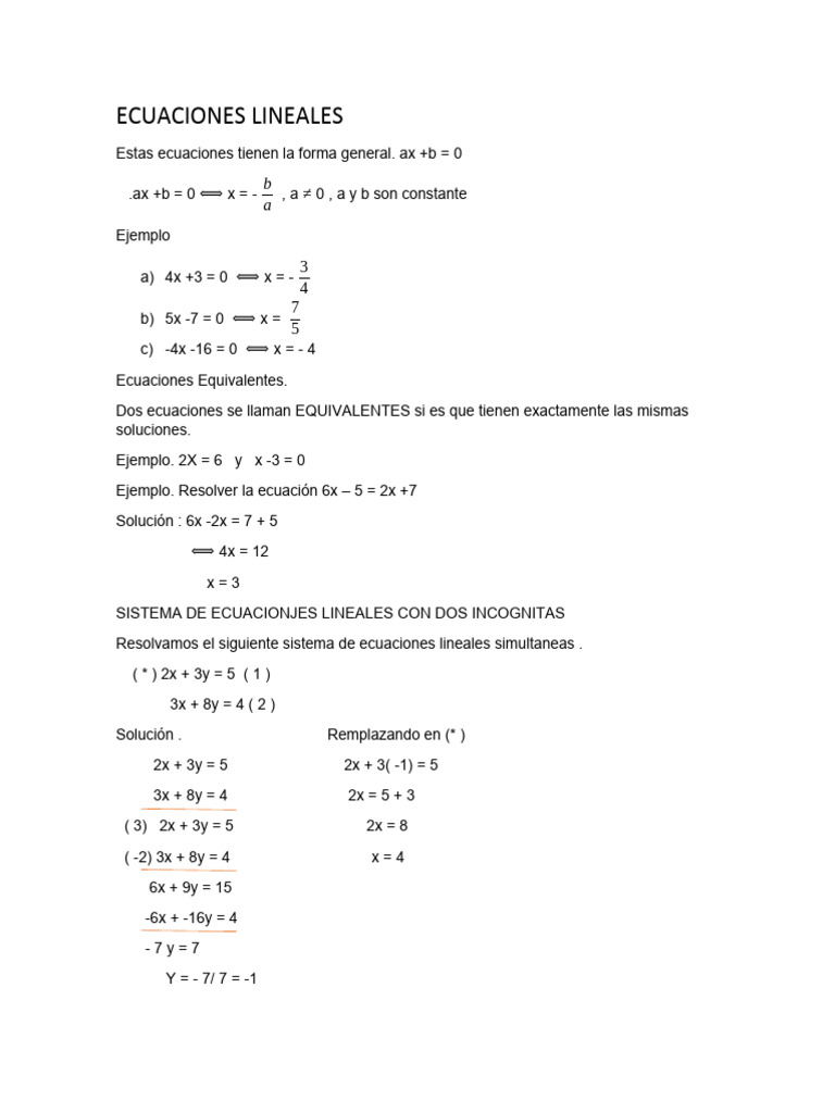 Ecuaciones Lineales | PDF | Ecuaciones | Fórmula