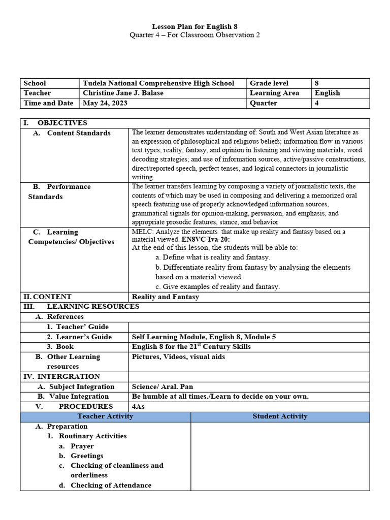 English 8 Lesson Plan: Reality vs. Fantasy | PDF | Learning | Non Fiction