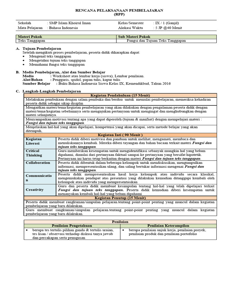 RPP Teks Tanggapan | PDF