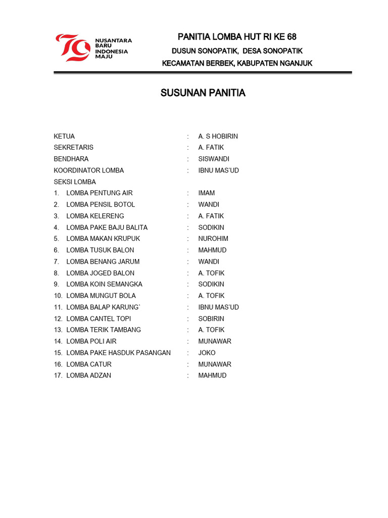 Panitia Lomba Hut Ri Ke 68 | PDF