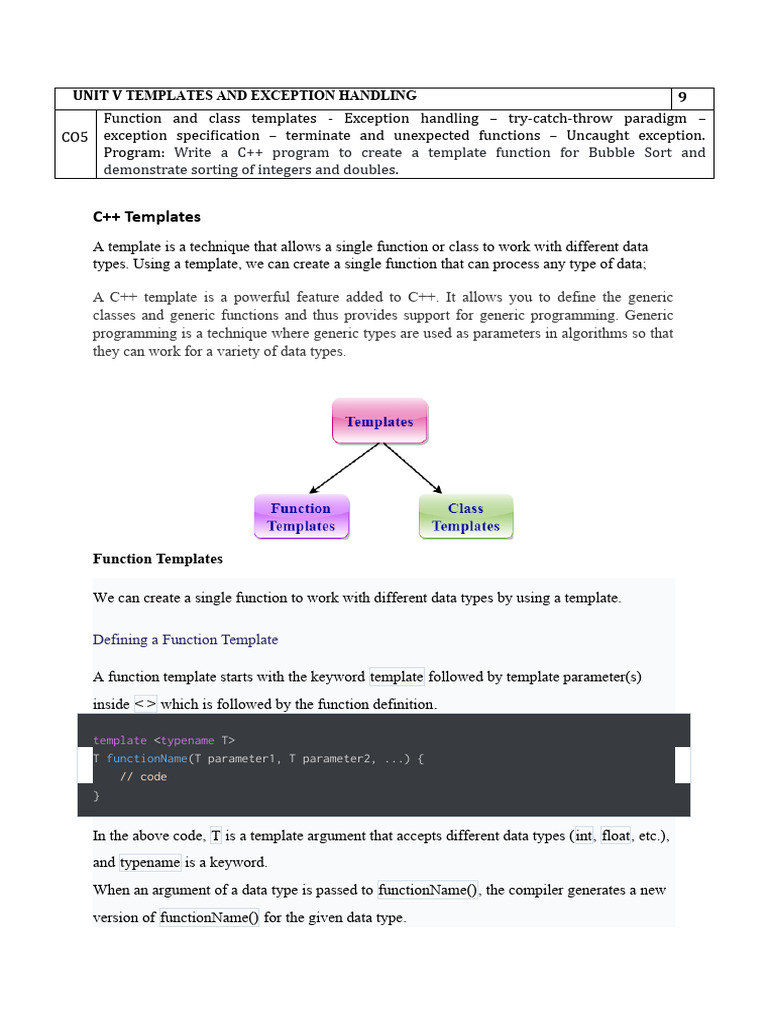 Unit V Templates And Exception Handling Autorecovered Pdf C Parameter Computer