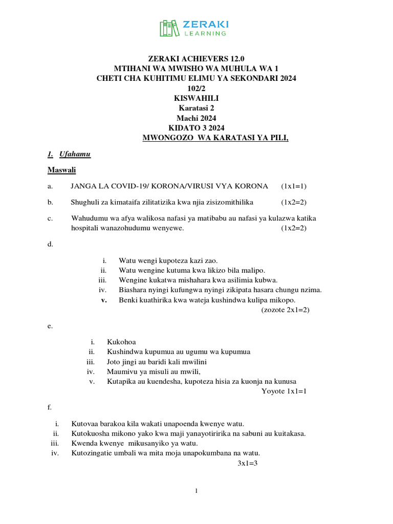 Kiswahili Marking Scheme Zeraki Achievers 12.0 - March 2024 | PDF
