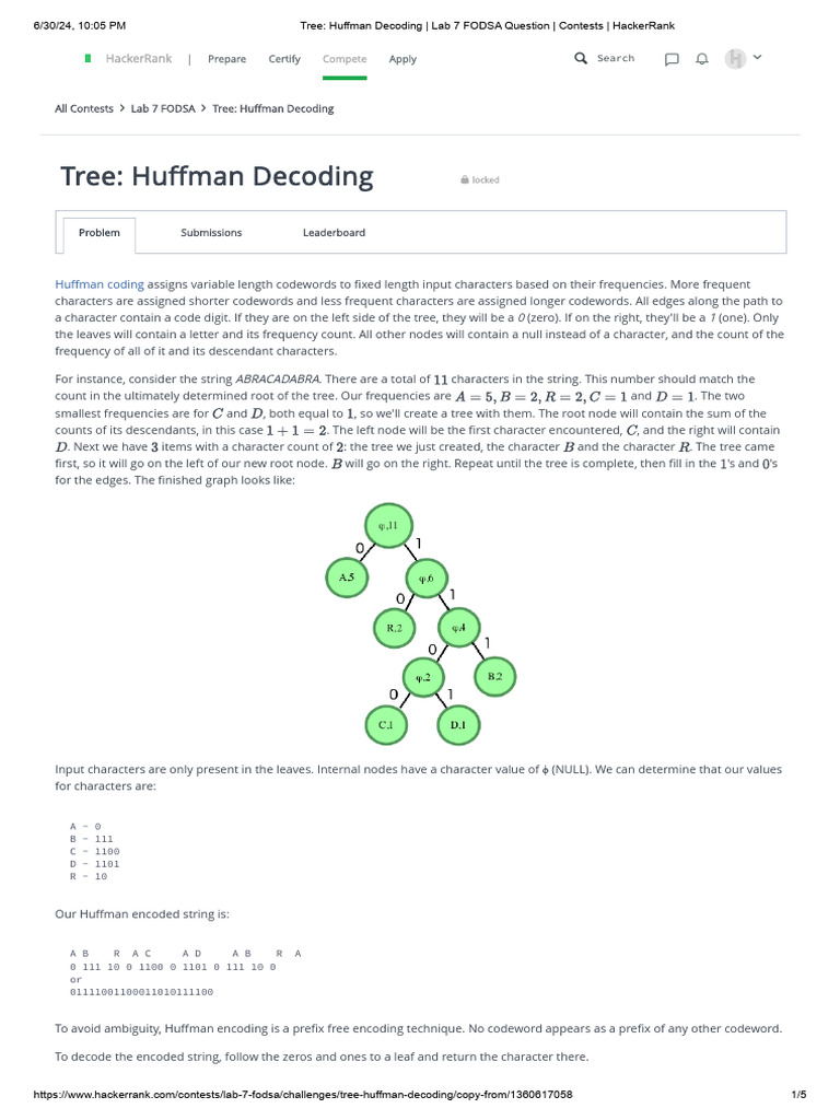 Tree - Huffman Decoding - Lab 7 FODSA Question - Contests - HackerRank ...