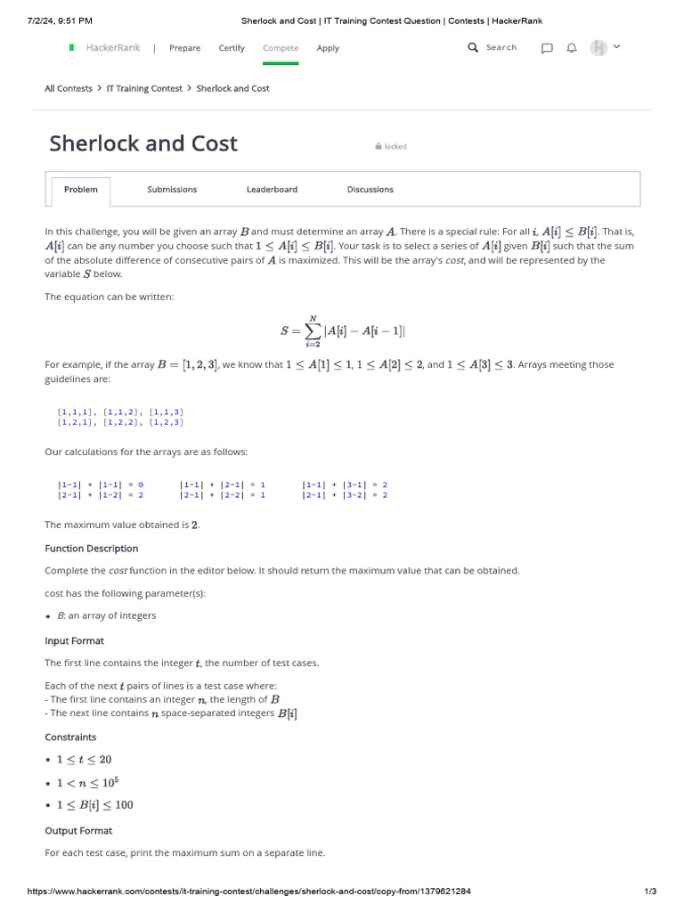 Sherlock and Cost - IT Training Contest Question - Contests ...
