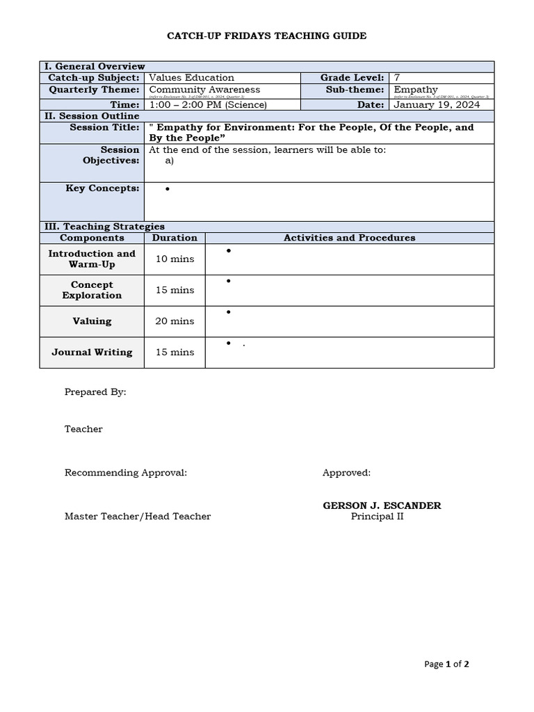 Teaching Guide Catchup Template | PDF