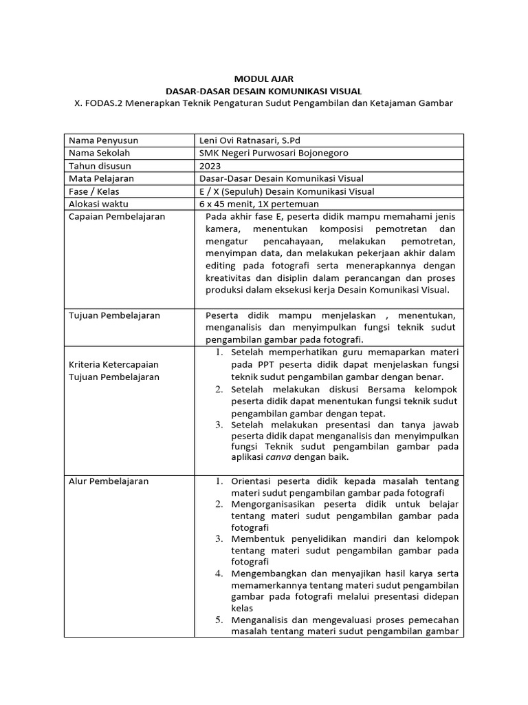 Modul Ajar Fotografi Dasar X - DKV | PDF | Karier & Perkembangan