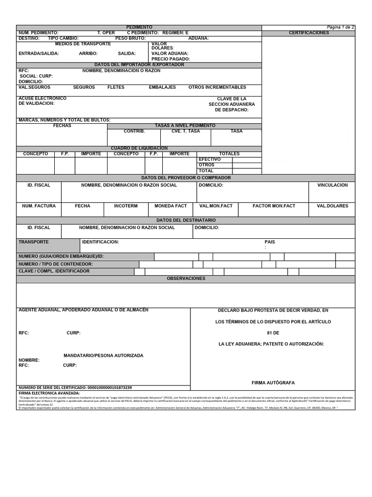 Formato de Pedimento Aduanero | PDF