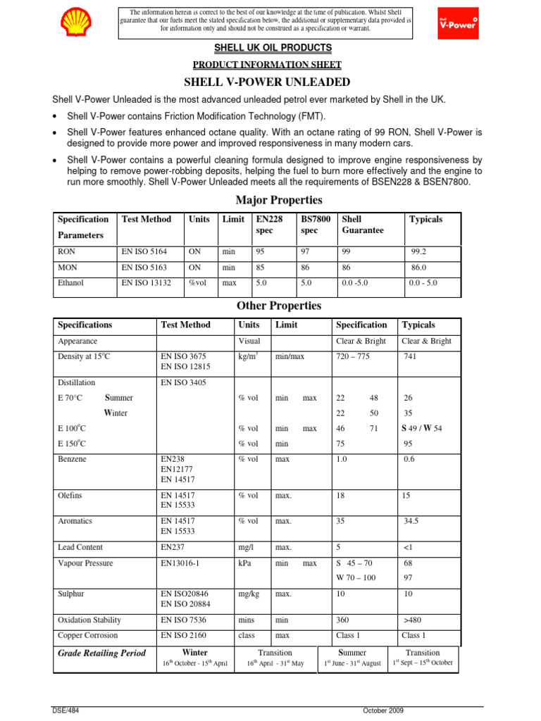 Shell V-Power Unleaded Fuel Specs | PDF | Gasoline | Hydrocarbons