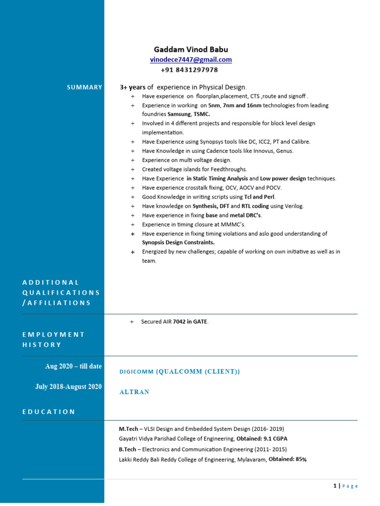 Vinod Physical Design 3+years Exp-1 | PDF | Computer Engineering | Electronics