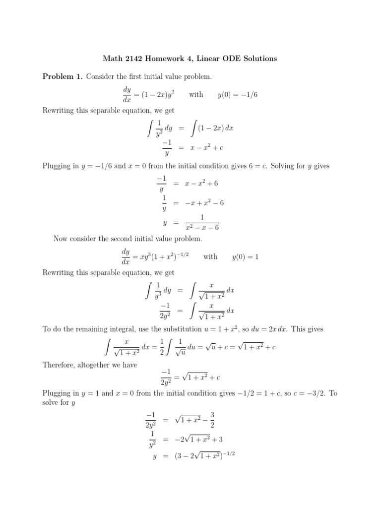 2142 HW 4 Linear ODESolutions | PDF | Ordinary Differential Equation | Subtraction