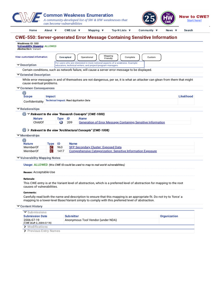 Cwe - Cwe-550 2 | PDF | Vulnerability (Computing) | Abstraction