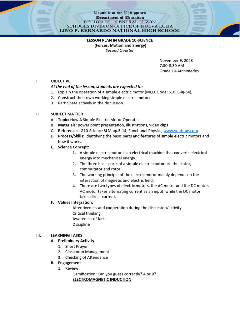 Lesson Plan Cot Q2 | PDF | Electric Motor | Electromagnetic Induction