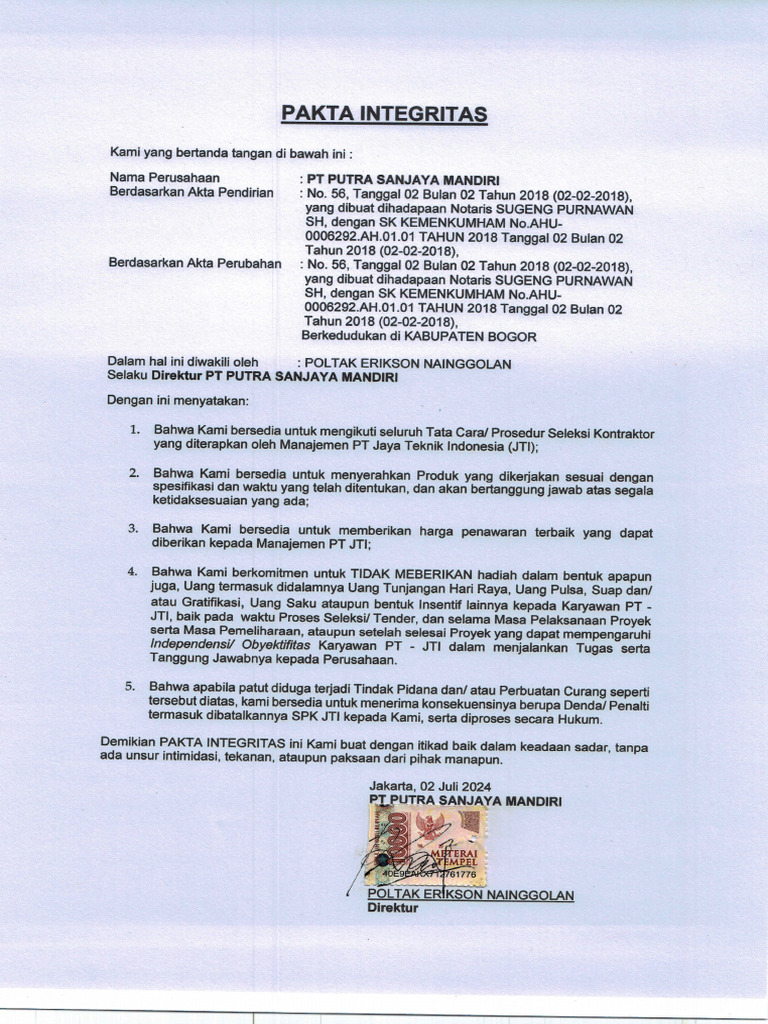 Pakta Integritas PT PSM | PDF