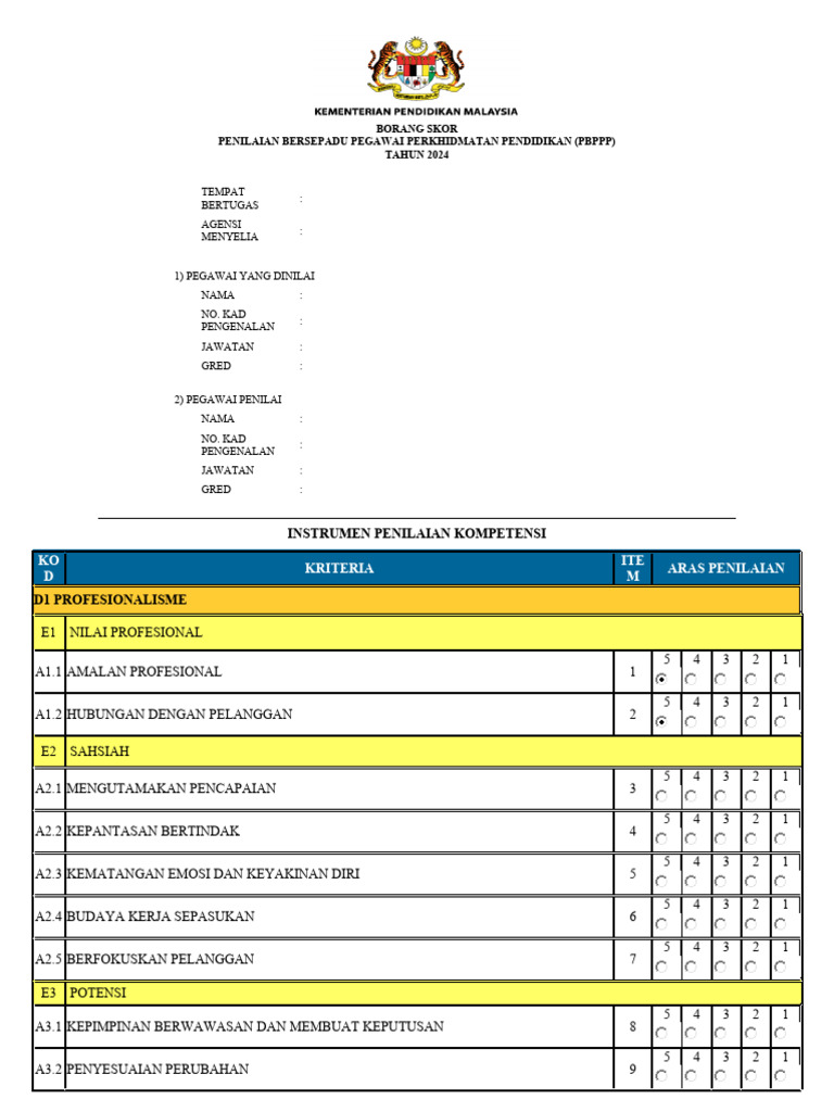 Borang Skor PBPPP Penilaian Kendiri | PDF