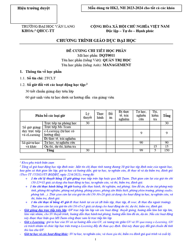 Đề Cương Chi Tiết QTH - NH23-24 - SV | PDF