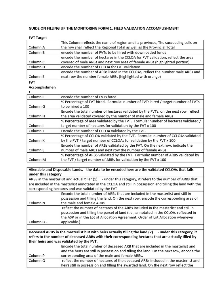 Guide in FIlling Out The Monitroing Form 1. FVT Validation Accom | PDF