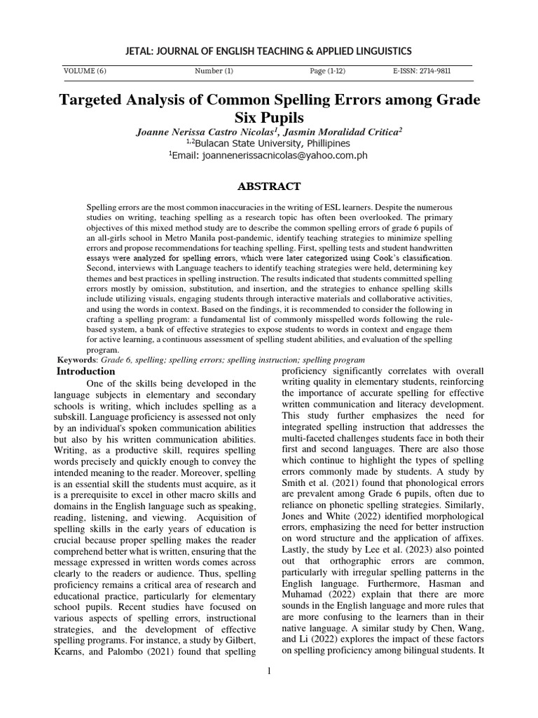 Common Spelling Errors in Grade 6 | PDF | Spelling | Second Language