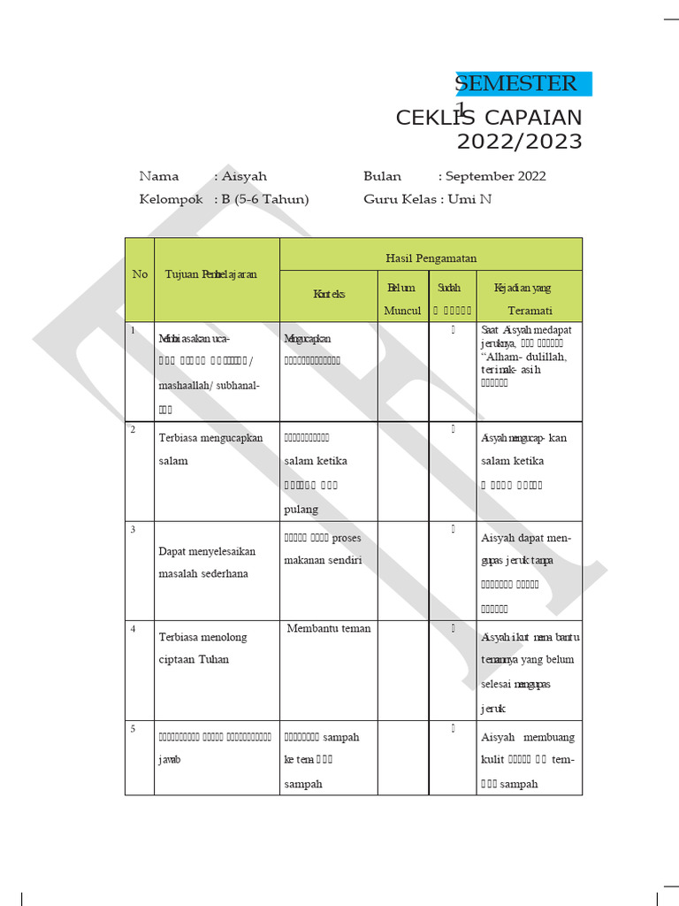 Ceklis Skala Capaian Paud | PDF