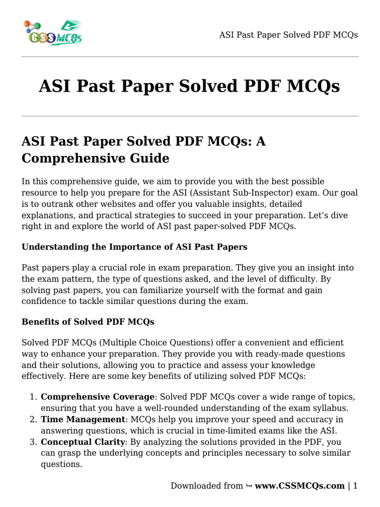 ASI Past Paper Solved MCQs Guide | PDF | Multiple Choice