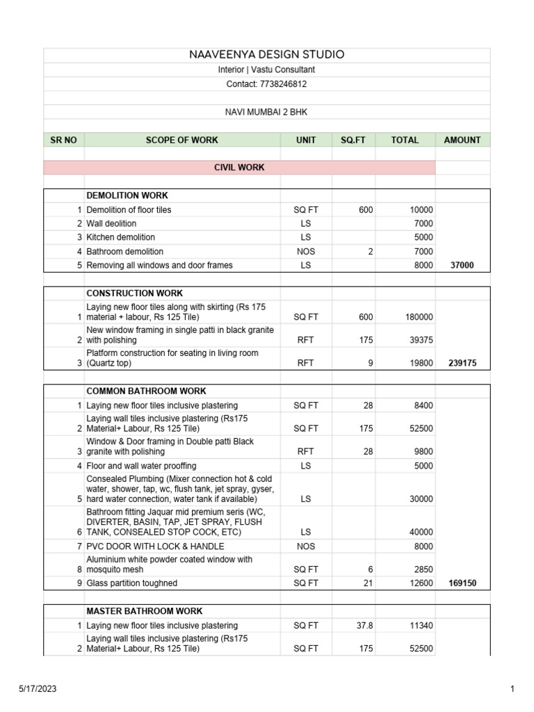 Navi Mumbai 2 BHK Renovation Estimate | PDF | Tile | Door