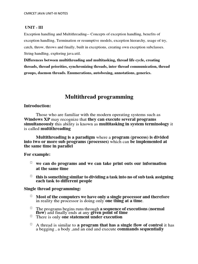 Unit 3 Threads Notes All | PDF | Process (Computing) | Thread (Computing)
