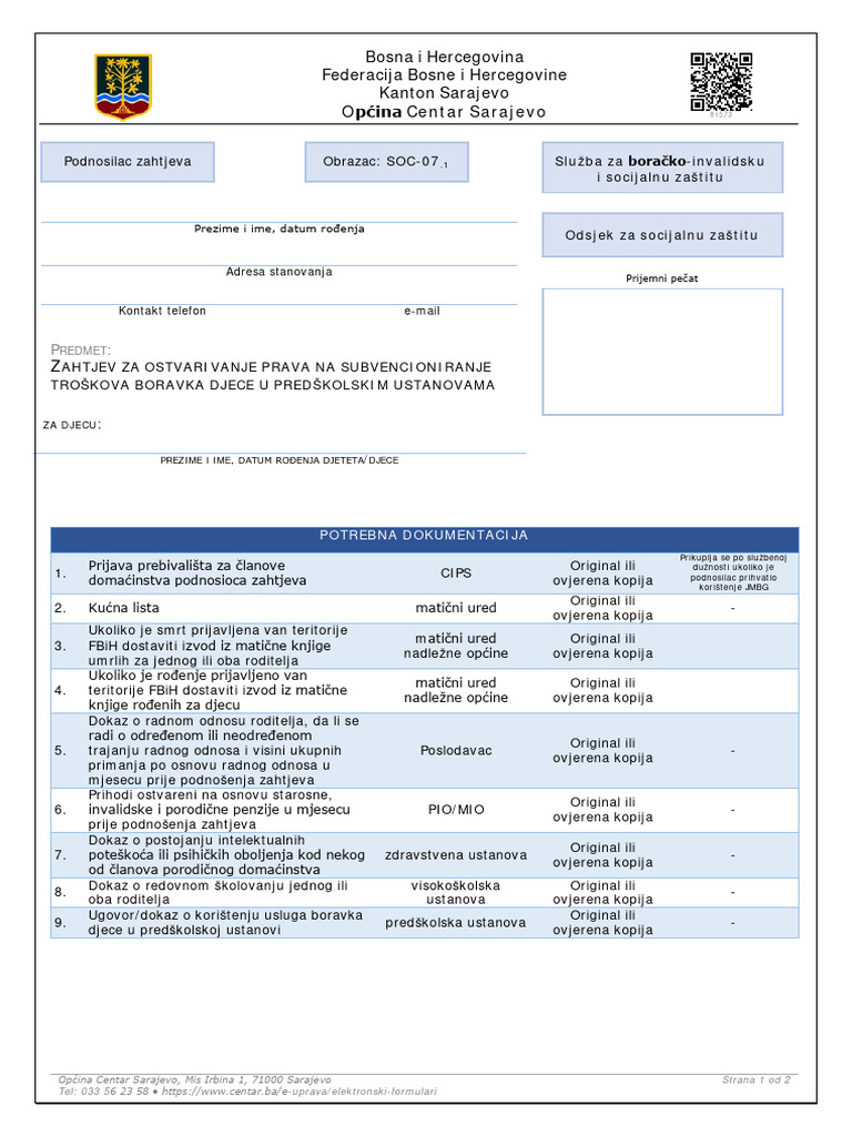 Obrazac Soc 07 Subvencioniranje Troskova Boravka Djece U Predskolskim Ustanovama | PDF