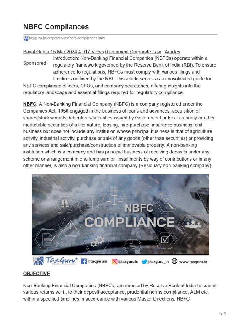 NBFC Compliances | PDF | Non Bank Financial Institution | Reserve Bank ...