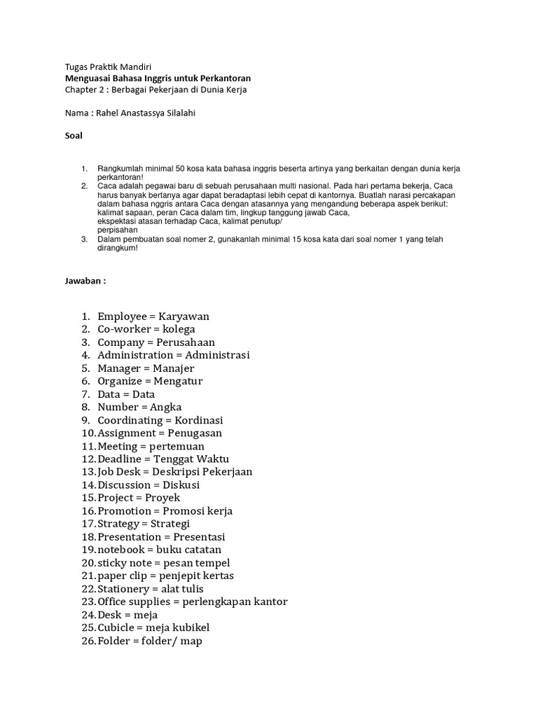 TPM1 - Bahasa Inggris Perkantoran - Rahel Anastassya Silalahi | PDF | Career & Growth