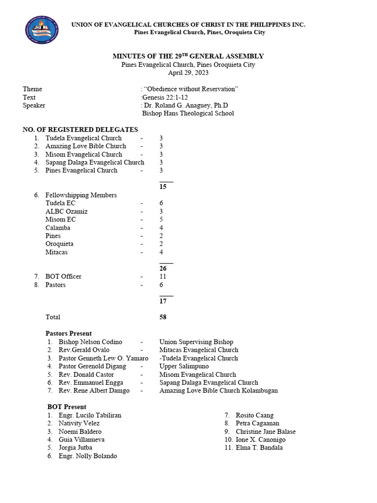 29th General Assembly Minutes | PDF | Ordination | Christian Organizations