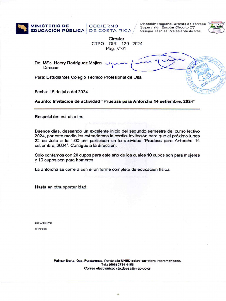 CIRCULAR CTPO-DIR-129-2024 Pruebas para Antorcha | PDF