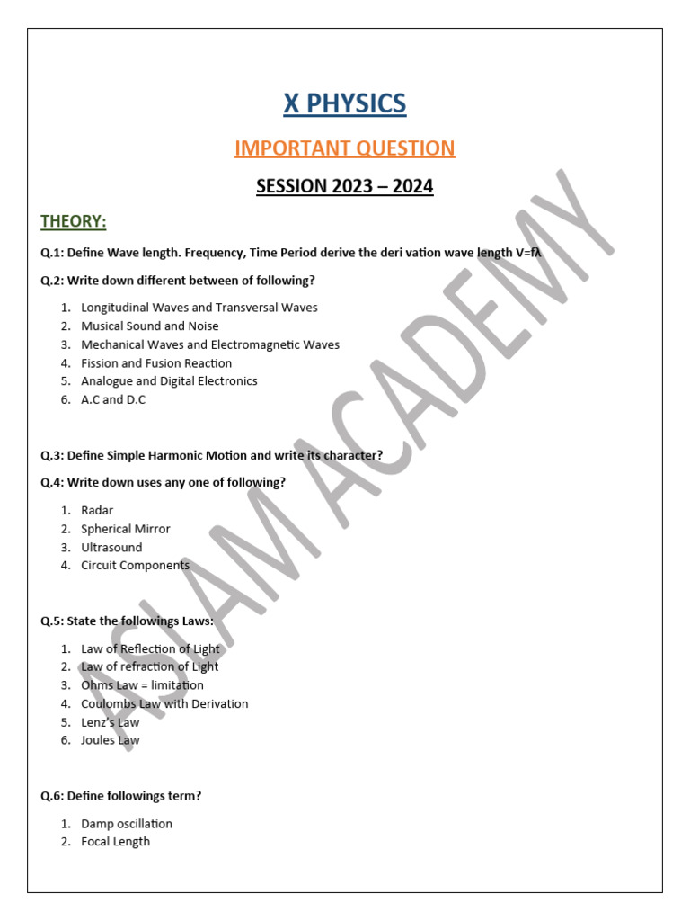 Comprehensive Physics Questions & Concepts | PDF | Waves | Reflection (Physics)