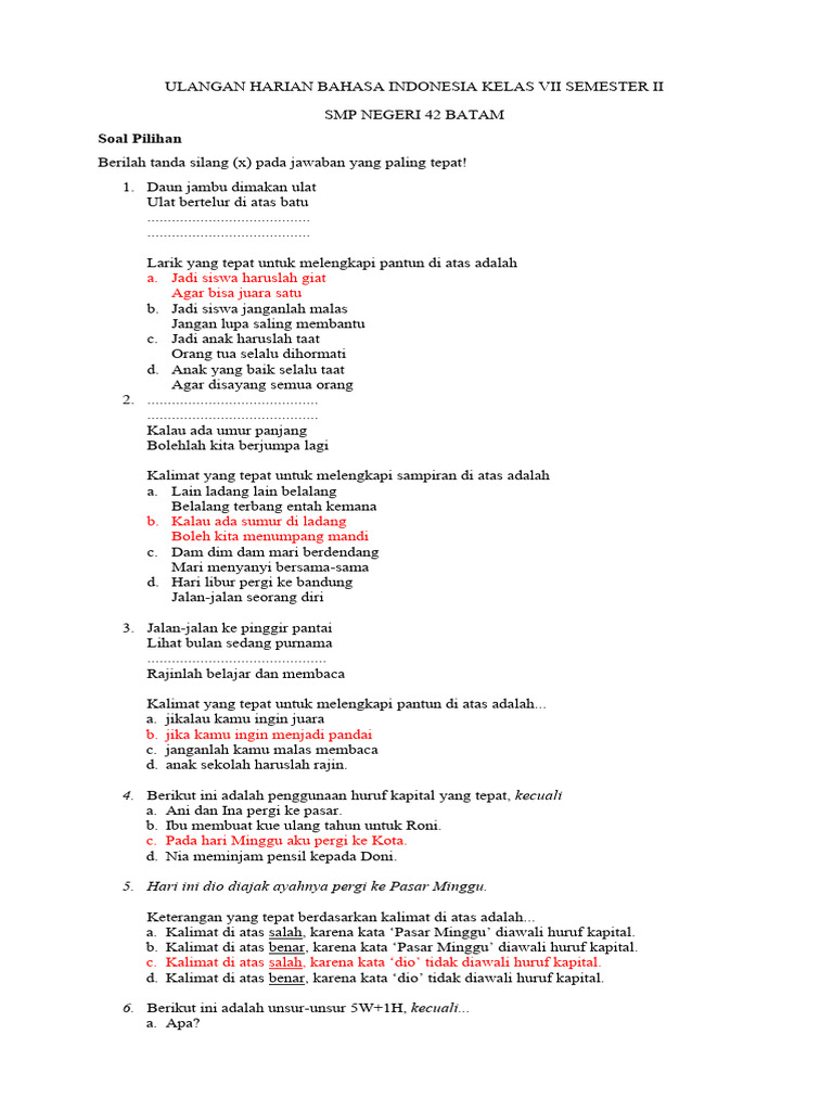 Lampiran 8 Soal Dan Kunci Jawaban UH B. Indonesia Kelas VII | PDF | Seni & Disiplin Bahasa | Seni